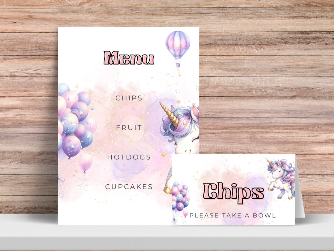 Unicorn Card for Kids Party Menu Birthday Buffet Food Label Pink and ...