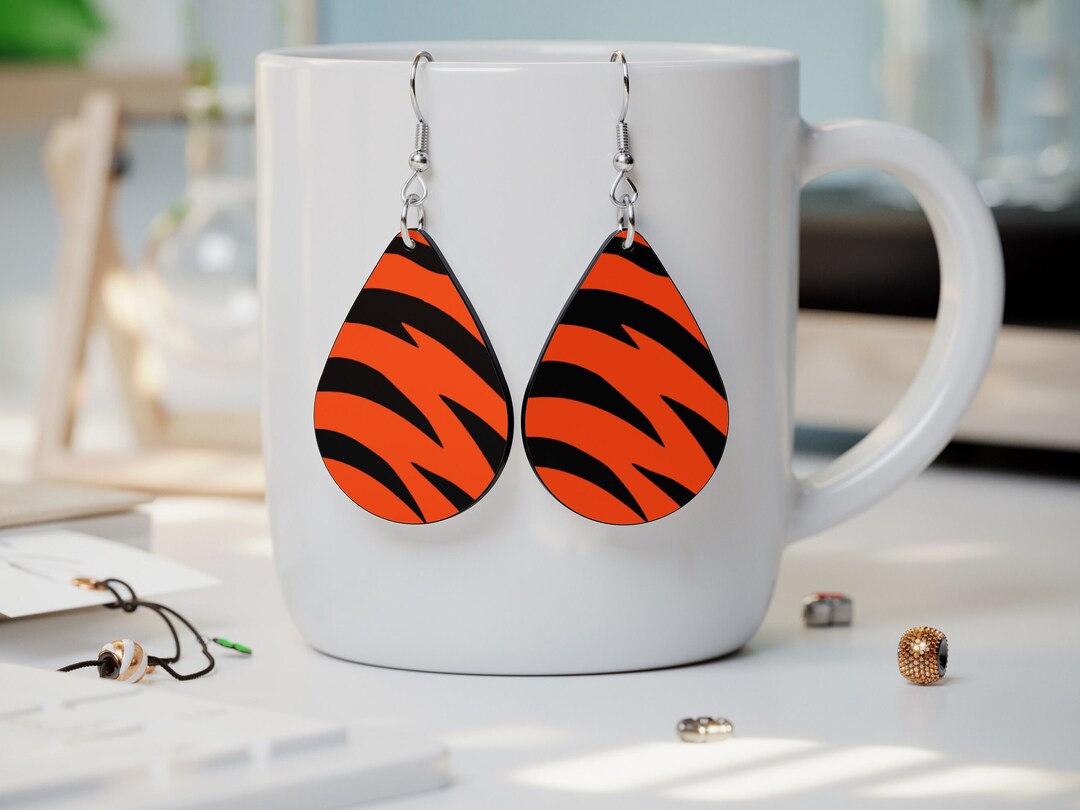 Cincinnati Football Teardrop Earrings, Black and Orange Tiger Stripe ...