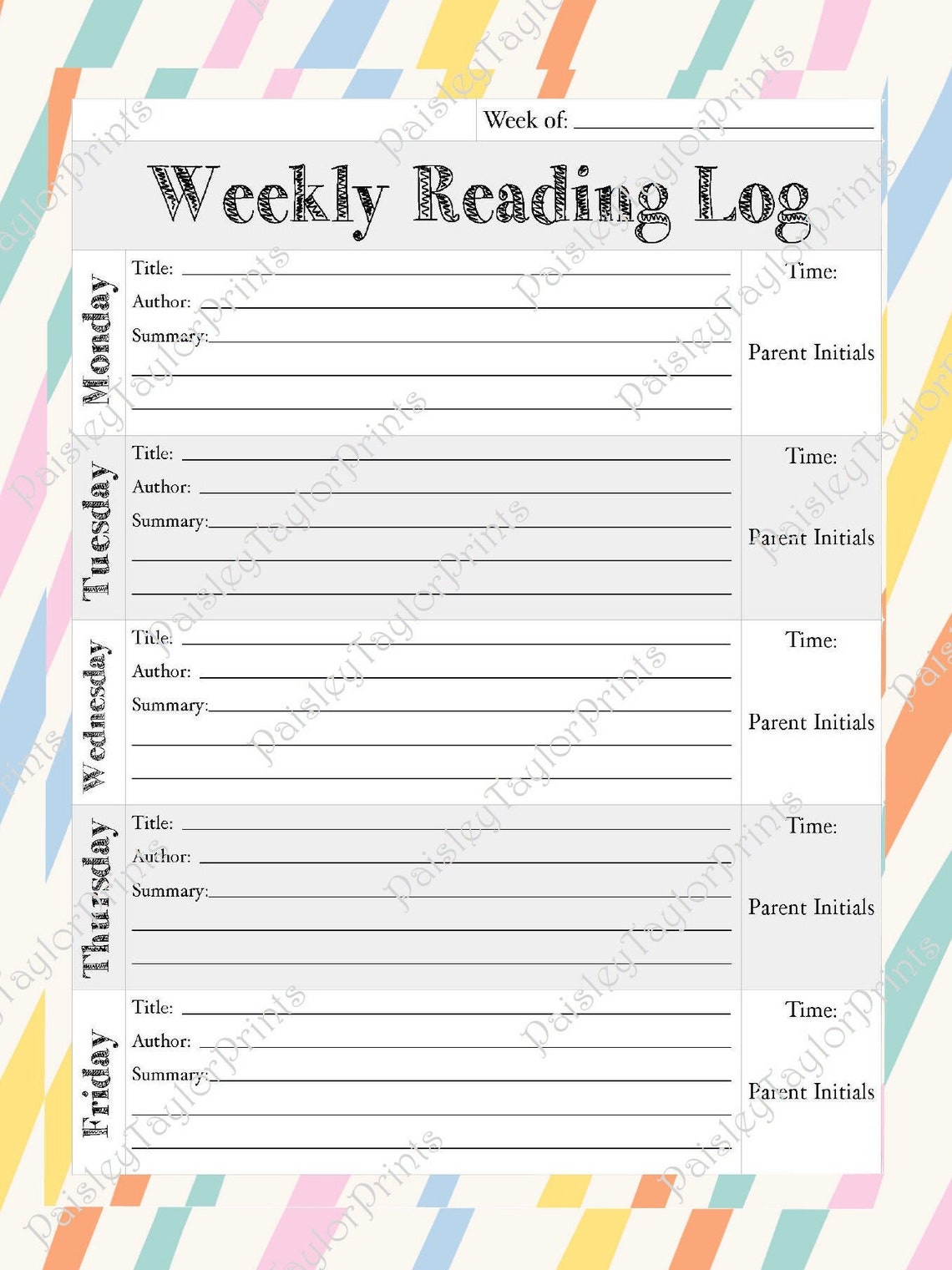 Weekly Reading Log Printable: Child Friendly Layout W/ Title - Etsy