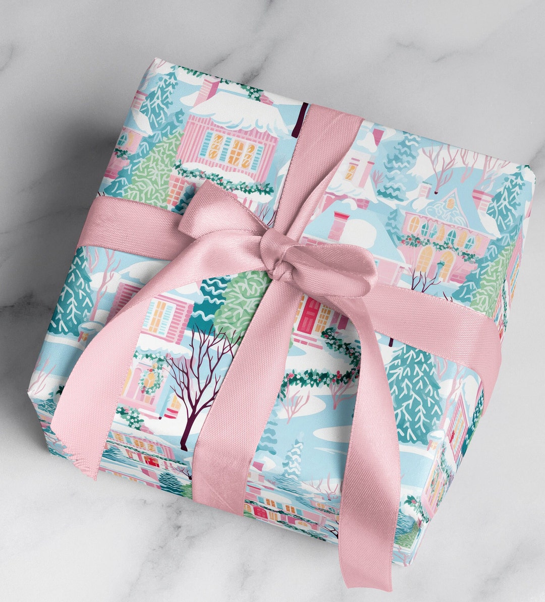 Preppy Christmas Wrapping Paper: Snowy Village gift Wrap, Birthday ...