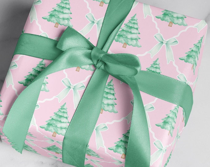 Christmas Wrapping Paper: Pink and Green Trees and Bows traditional ...