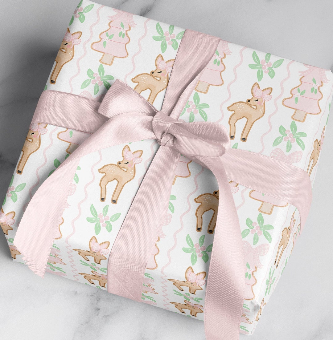 Christmas Wrapping Paper: Pink and Green Fawn and Foliage traditional ...