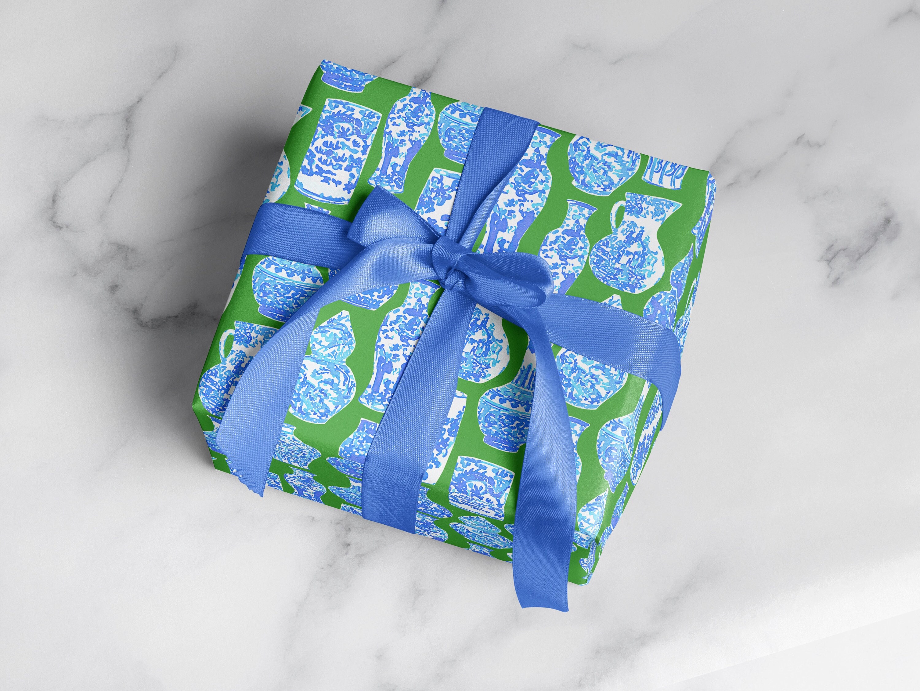 Preppy Wrapping Paper: Ginger Jars With Green Background gift Wrap ...