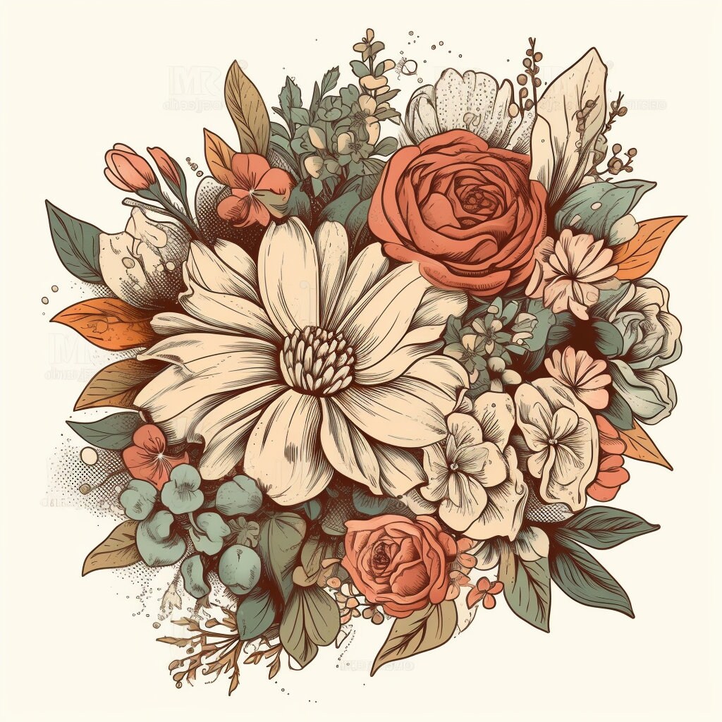 Boho Vintage Flower Bouquet PNG Digital Graphics Bundle Sublimation ...