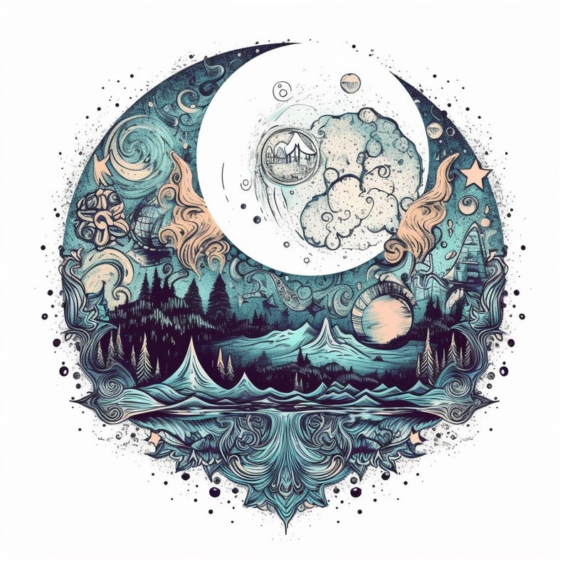 Boho Vintage Retro Cosmic Moon PNG Digital Graphics Bundle Printable ...