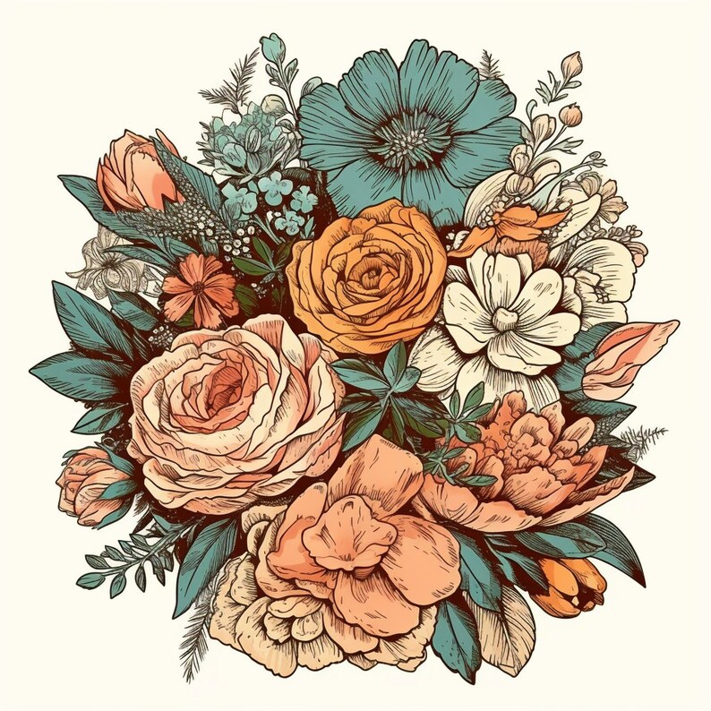 Boho Vintage Flower Bouquet PNG Digital Graphics Bundle Sublimation ...