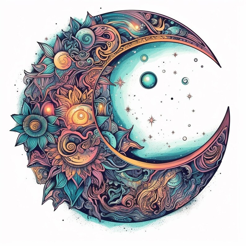Boho Vintage Retro Cosmic Moon PNG Digital Graphics Bundle Printable ...