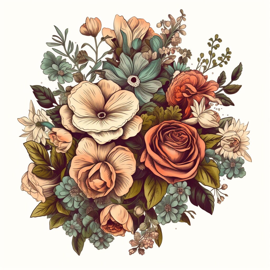 Boho Vintage Flower Bouquet PNG Digital Graphics Bundle Sublimation ...