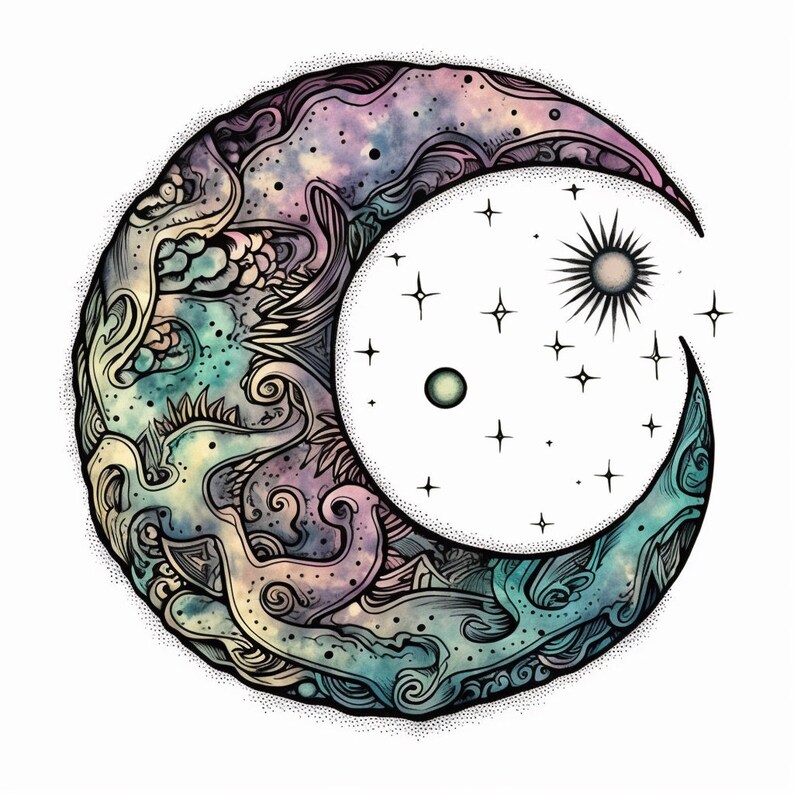 Boho Vintage Retro Cosmic Moon PNG Digital Graphics Bundle Printable ...