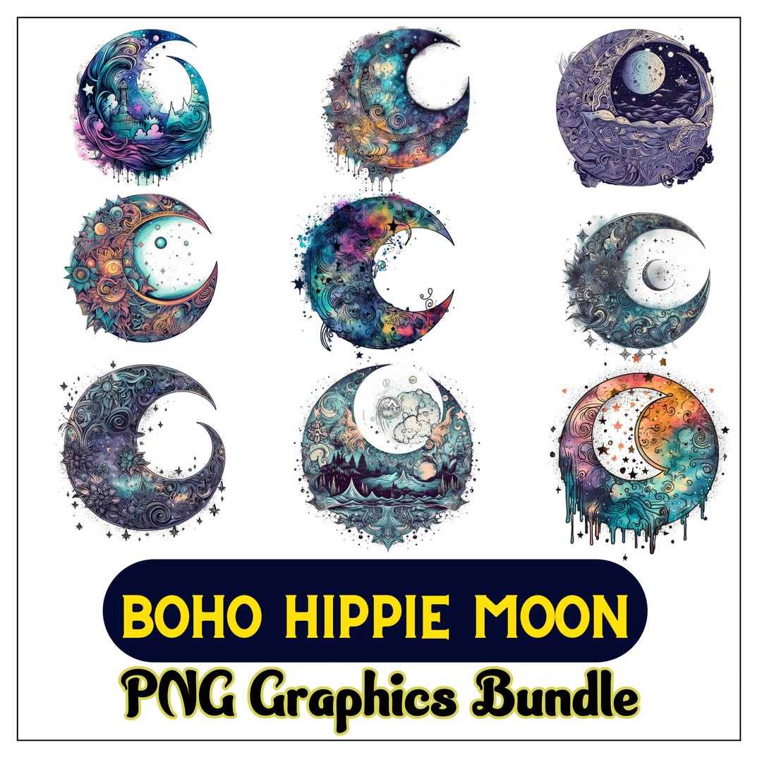 Boho Vintage Retro Cosmic Moon PNG Digital Graphics Bundle Printable ...