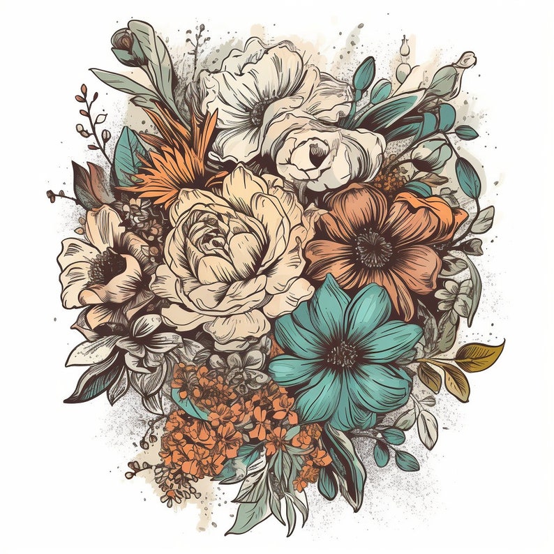 Boho Vintage Flower Bouquet PNG Digital Graphics Bundle Sublimation ...