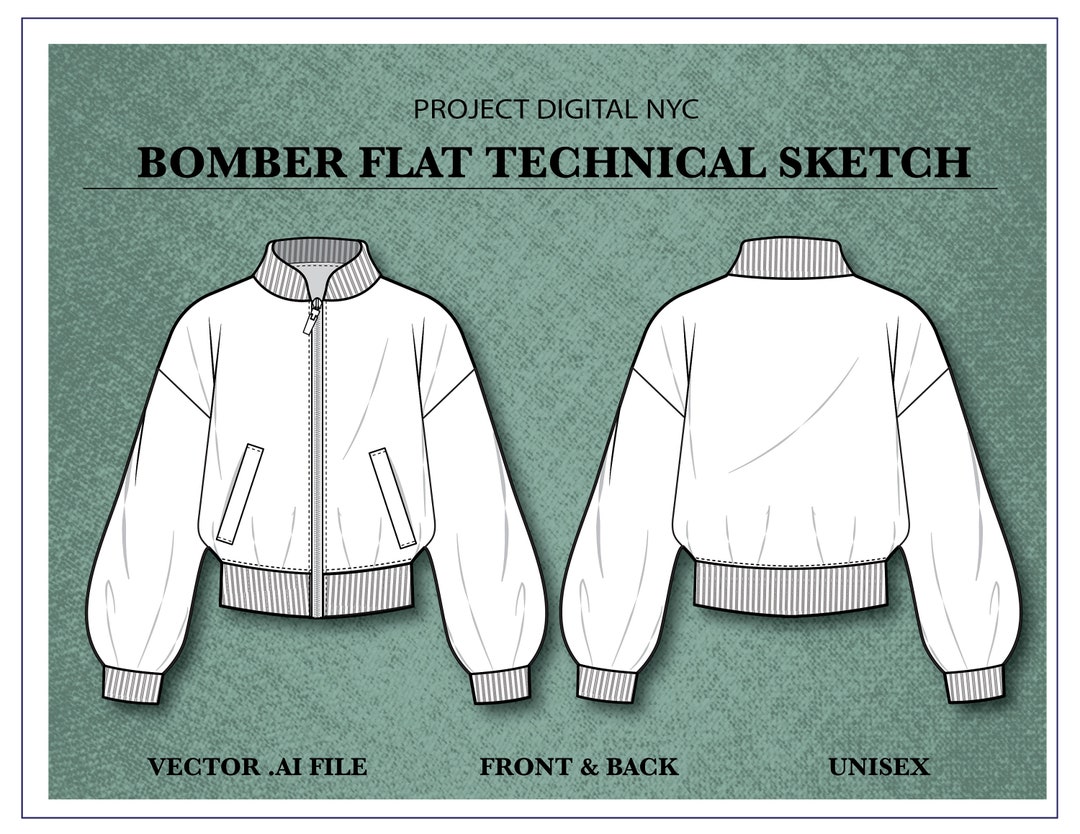 Fashion CAD Technical Flat Drawing of Unisex Bomber Jacket - Etsy