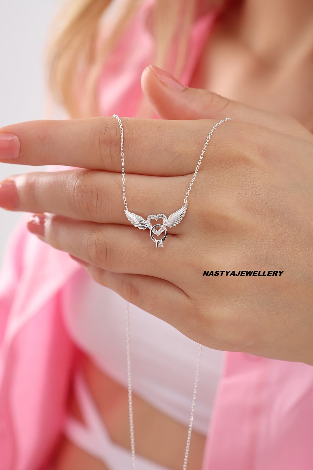 Silver - Gold Angel Wings and Heart Necklace. Angel Wings Solitaire ...