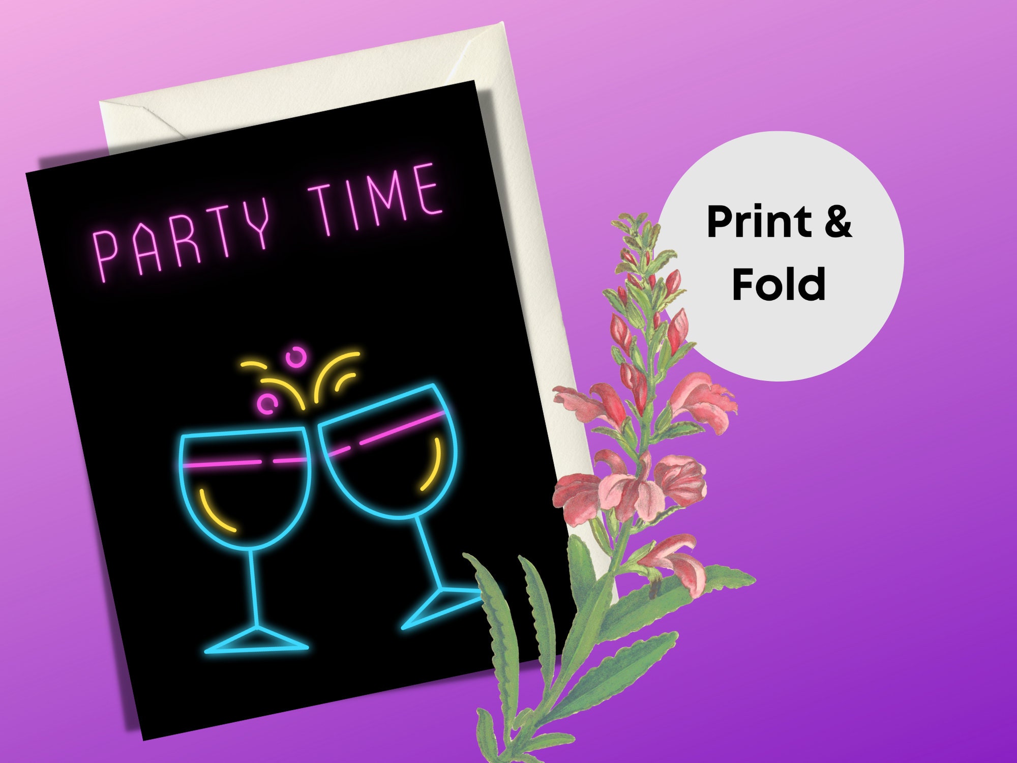 Printable Card | Funny Party Card | Party Time Card | Neon Colours ...