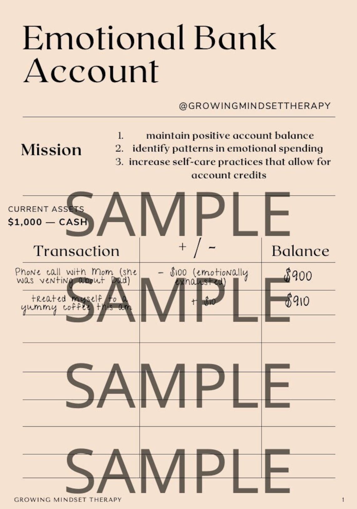 Emotional Bank Account Self Care Therapy Worksheet | Etsy