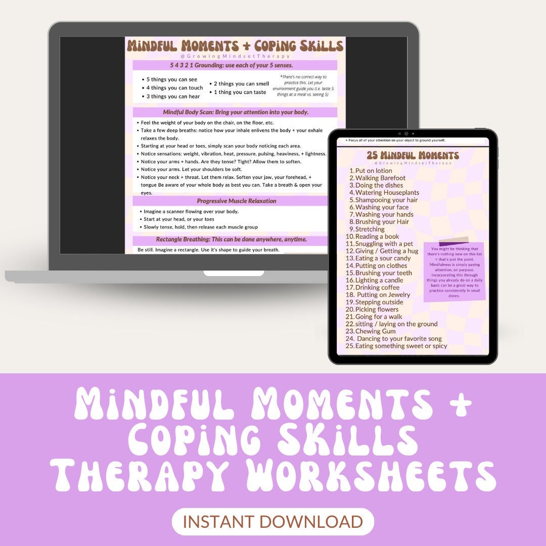 Mindful Moments and Coping Skills Therapy Worksheet - Etsy