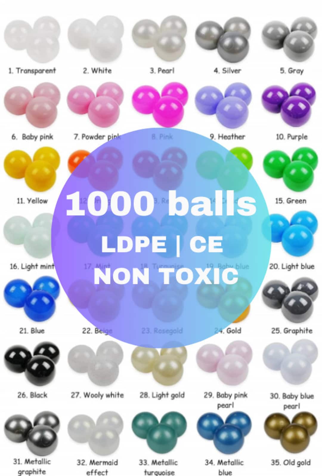 1000 Balls for Ballpit, 35 Colors - 2.76" (7 Cm), Plastic Balls, Non ...