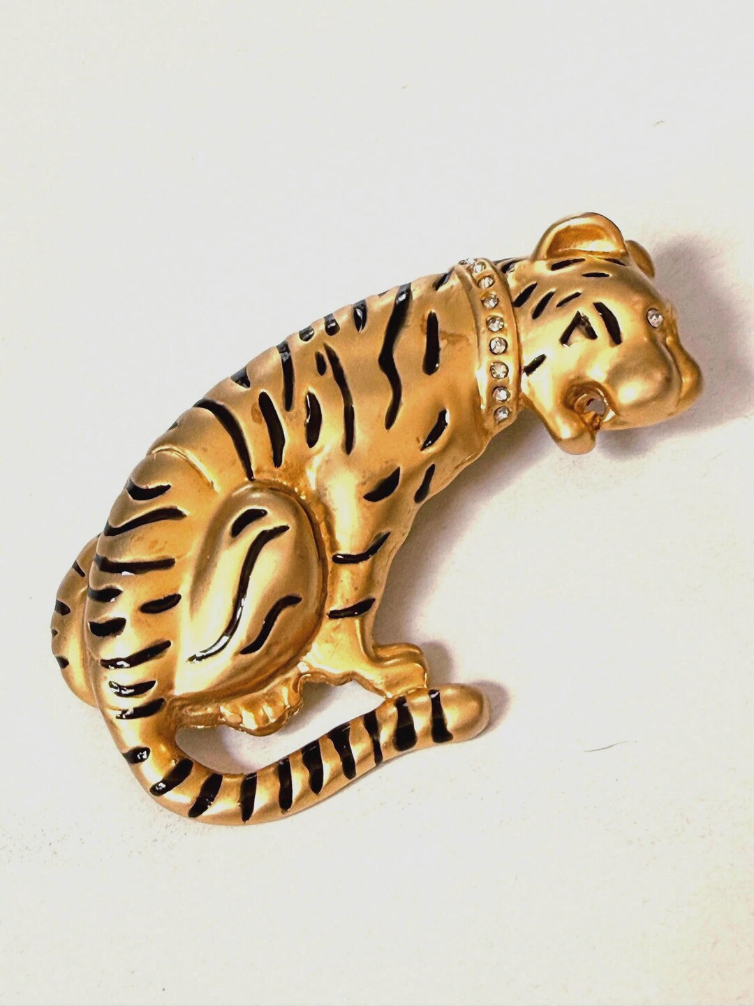 Vintage Gold Tone Tiger Brooch – Rhinestone Collar, Black Enamel ...