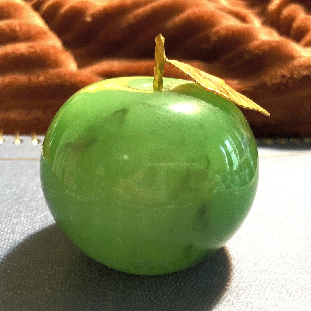 Green Marble Apple Paperweight With Gold Leaf Stem, Vintage Mcm ...