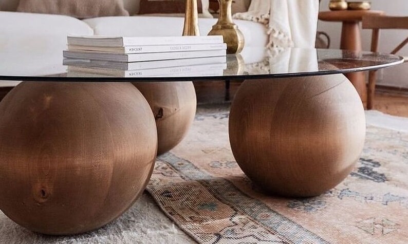 Glass Coffee Table, Solid Wood Ball Feet, Wood Ball, Marble Coffee ...