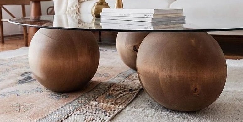 Glass Coffee Table, Solid Wood Ball Feet, Wood Ball, Marble Coffee ...