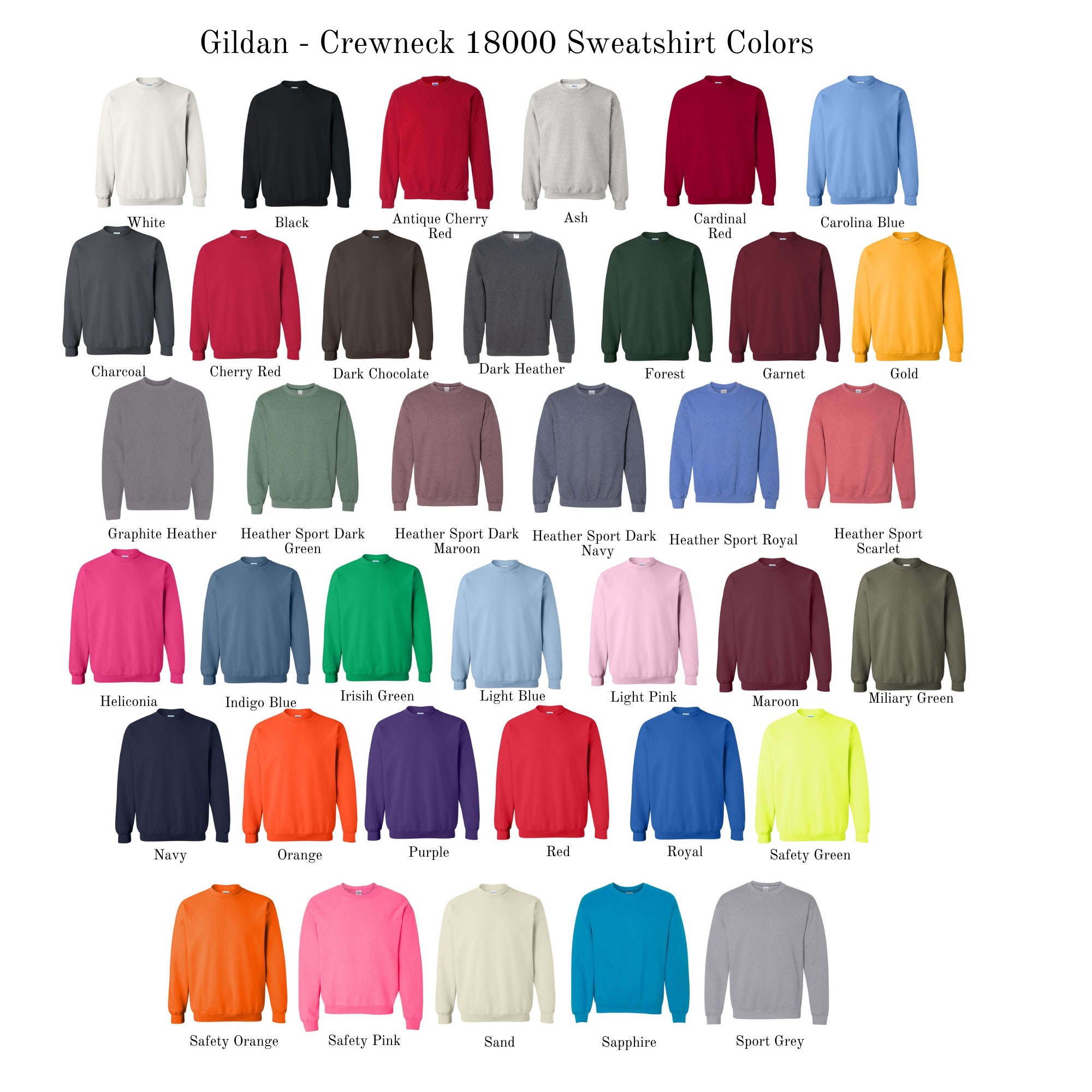Gildan 18000 Color Chart, Gildan 18000 Size Chart Included, G180 Color ...