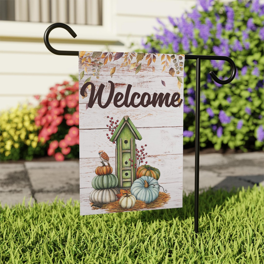 Welcome Fall Birdhouse Garden Flag, Pumpkin Garden Flag, Rustic Pumpkin ...