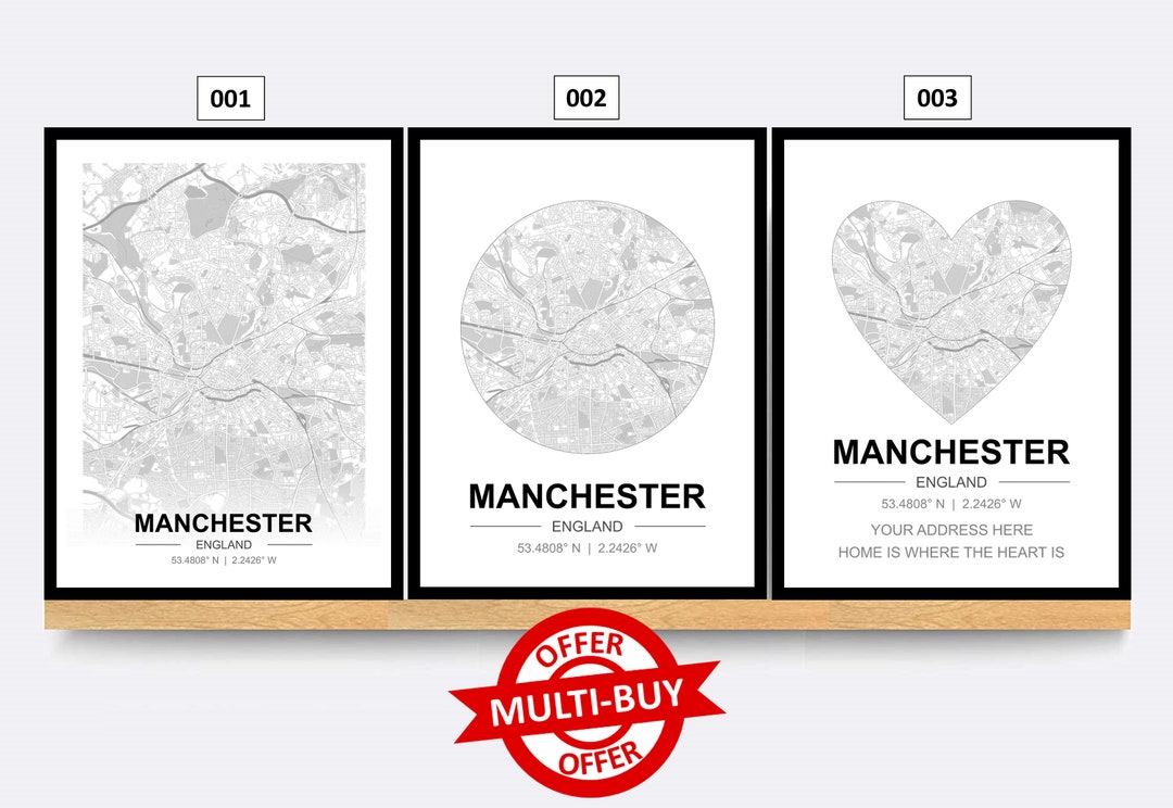 Manchester England Street Map Print City Map Wall Art Poster Monochrome ...