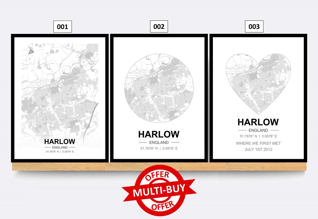 Harlow England Street Map Print City Map Wall Art Poster Monochrome ...