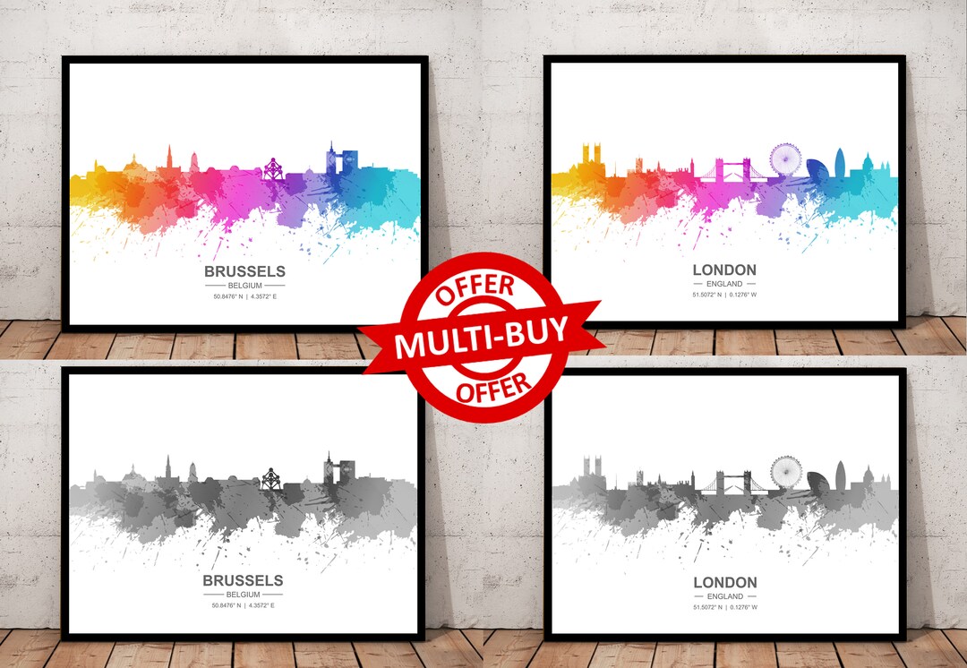 Any City Skyline Print Cityscape Map Wall Art Poster Landscape Brussels ...