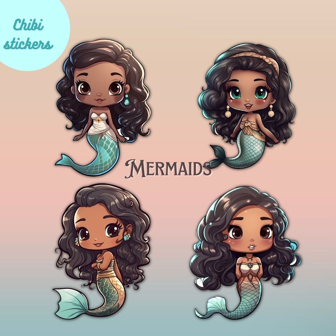 Chibi Mermaid Kiss-cut Stickers, Cute Brown Mermaid, Mermaid Stickers ...