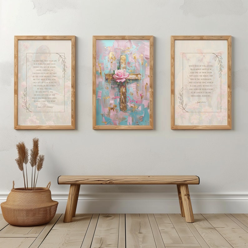 Christian Wall Decor Rose Crucifix Portrait,impressionist Pink Blue ...