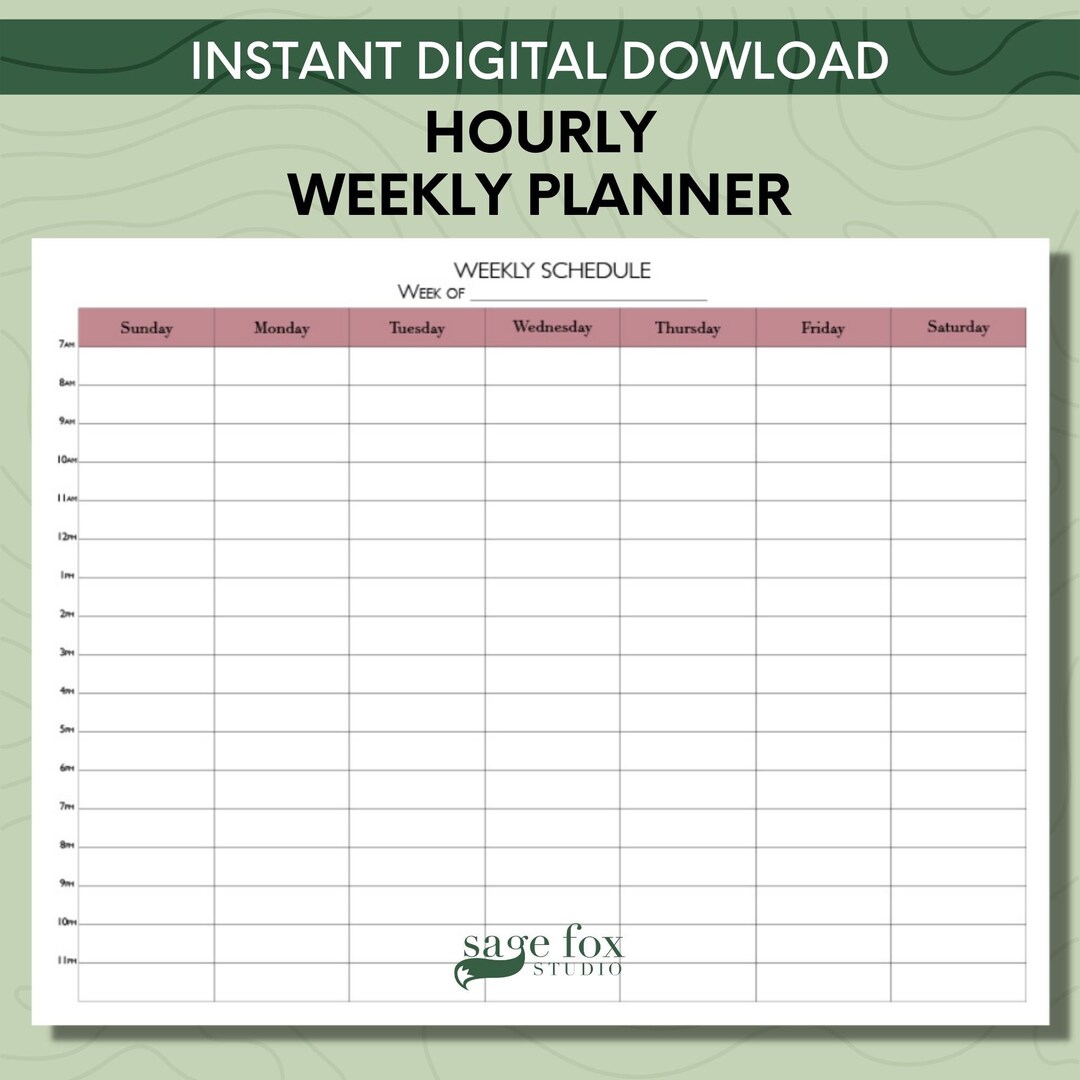 Hourly Weekly Planner, Week at a Glance, Weekly Time Block Schedule ...