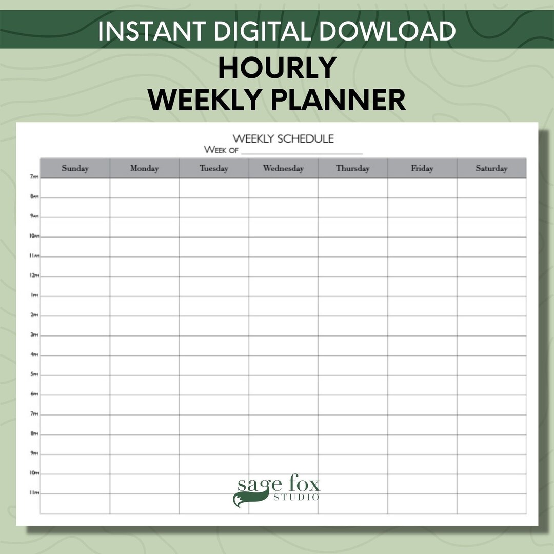 Hourly Weekly Planner, Week at a Glance, Weekly Time Block Schedule ...