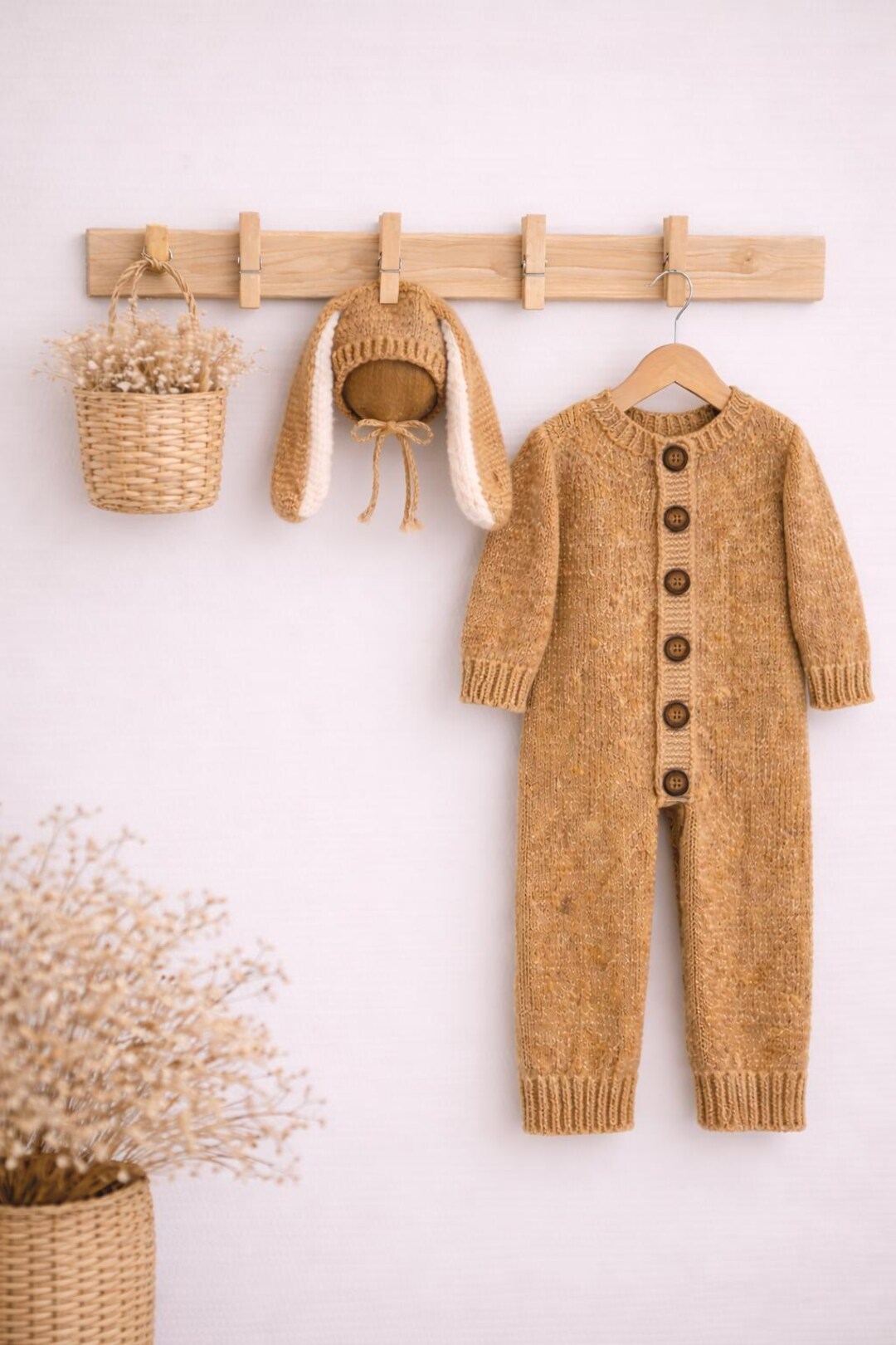 Knit Baby Bunny Costume Long Ear – Camel Brown Easter Outfit Photo Prop ...