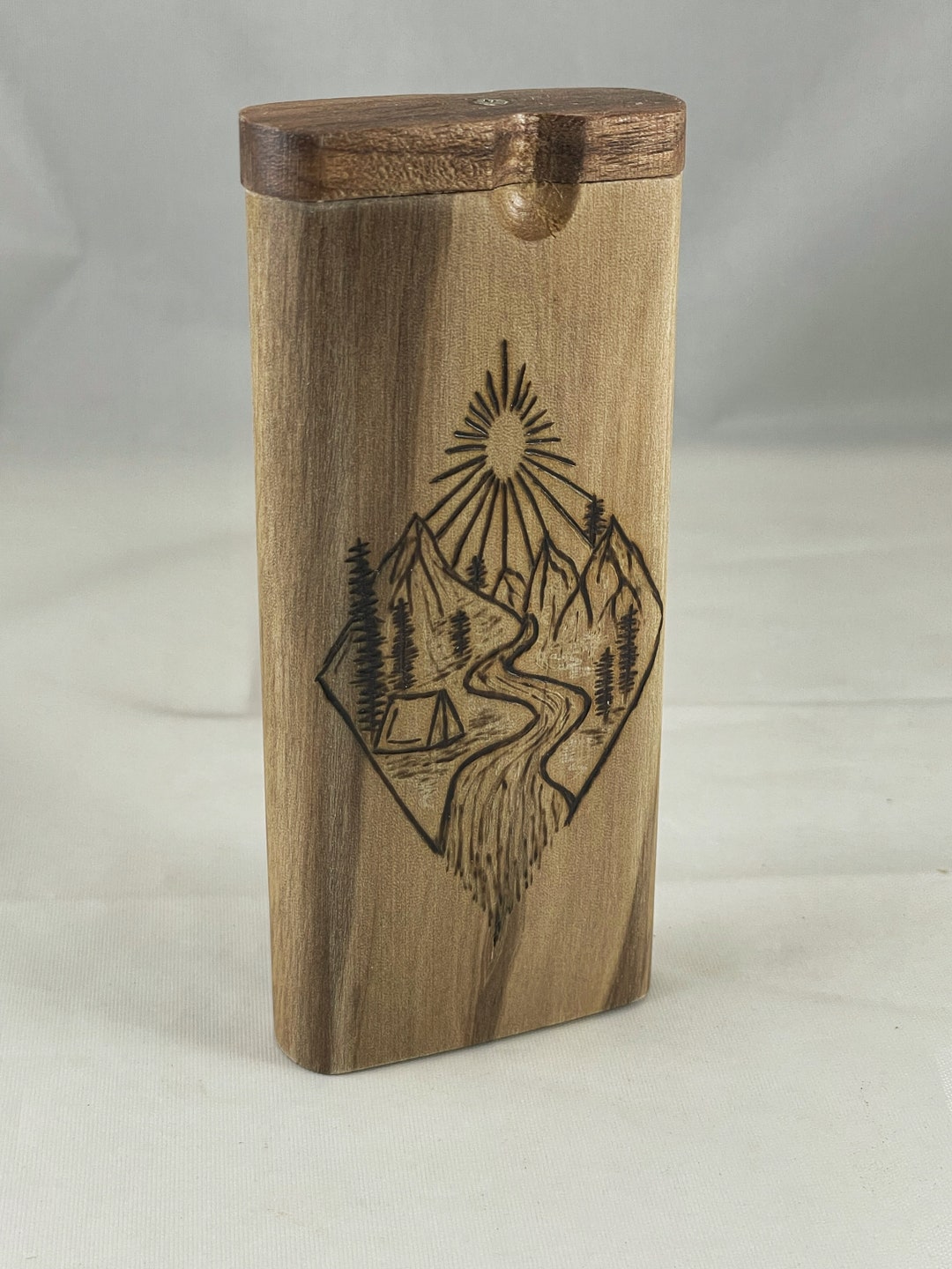 Geometric Mountains River Tent Wood Burned Hitter Box | Pyrography Wood ...