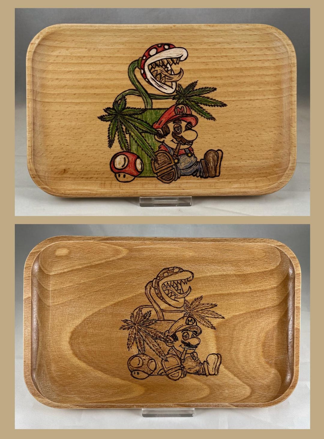 Stoner Mario Wood Burned Rolling Tray, Pyrography Wood Burning Art ...