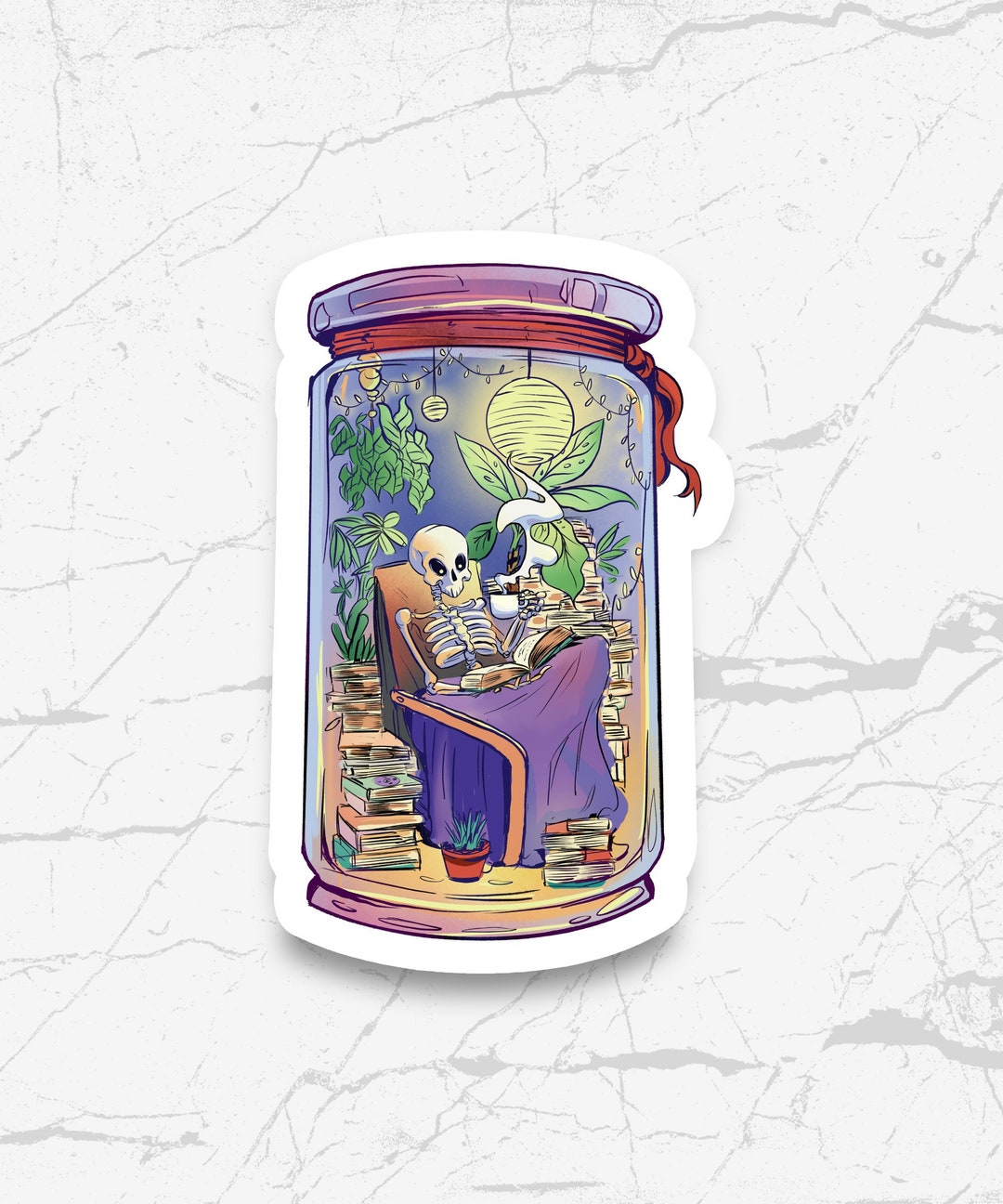 Skeleton Reading Books in a Jar Sticker | Ideal Gift for Book Lovers ...