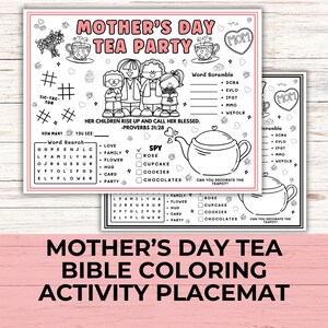 Mothers Day Tea Party Bible Activity Coloring Placemat, Mothers Day ...