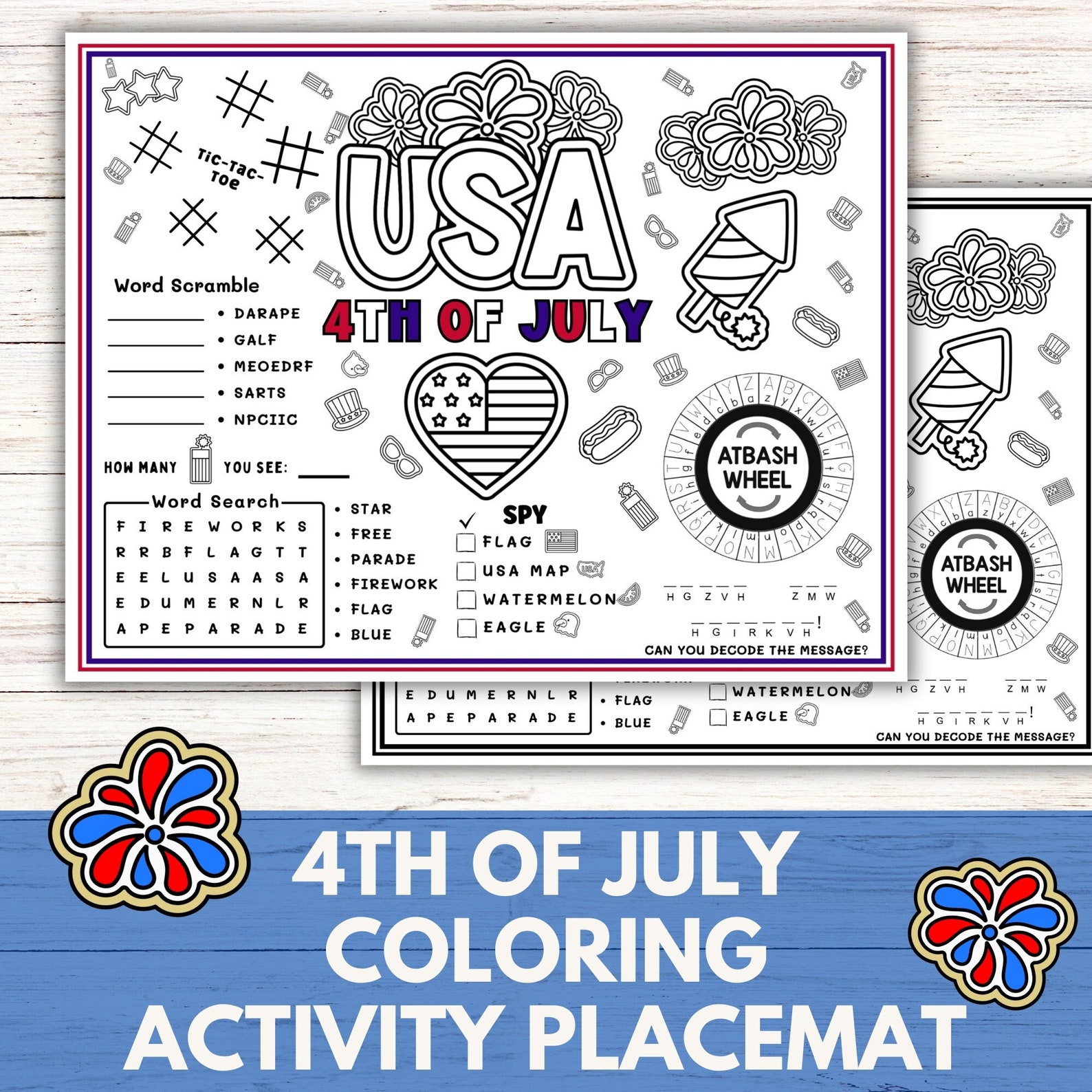 4th of July Activity Coloring Placemat, Patriotic Printable Game ...