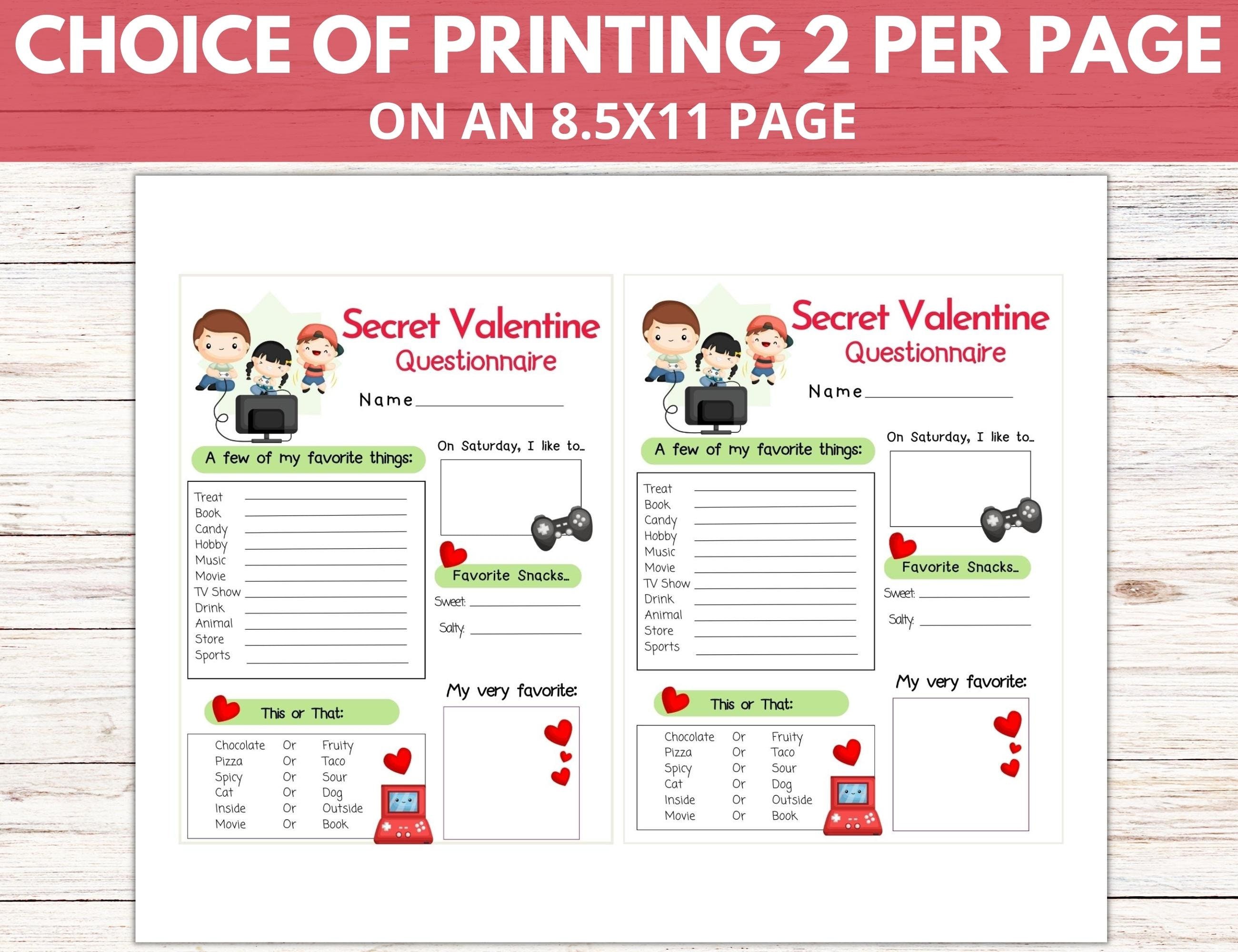Secret Valentine Questionnaire, Video Gamer Secret Valentine Printable ...