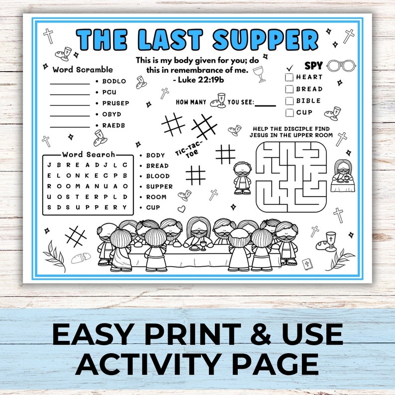 Last Supper Bible Activity Coloring Placemat, Christian Easter Sunday ...