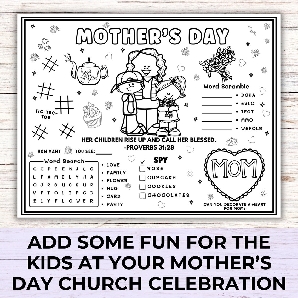 Mothers Day Bible Activity Coloring Placemat, Mothers Day Church Games ...