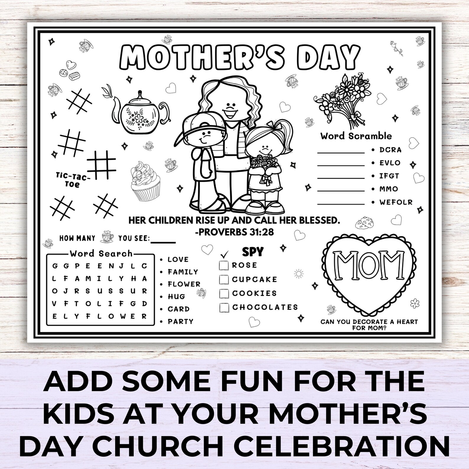 Mothers Day Bible Activity Coloring Placemat, Mothers Day Church Games ...