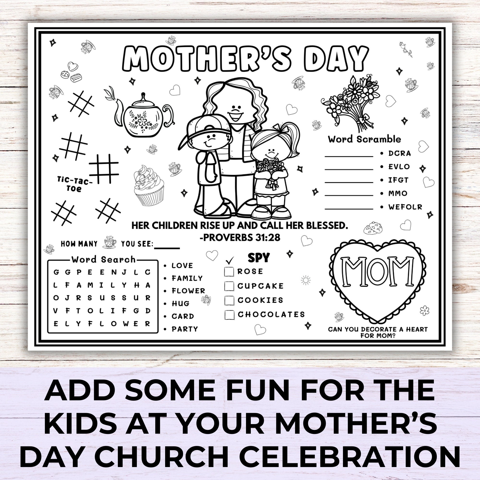Mothers Day Bible Activity Coloring Placemat, Mothers Day Church Games ...