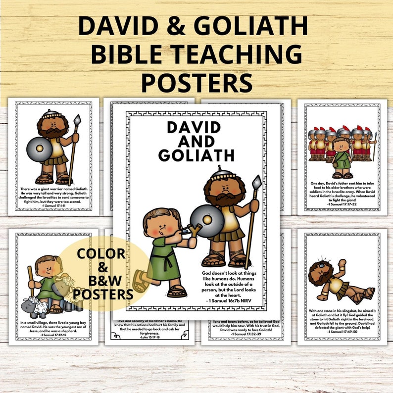 David and Goliath Bible Lesson Teaching Posters and Coloring, Sunday ...