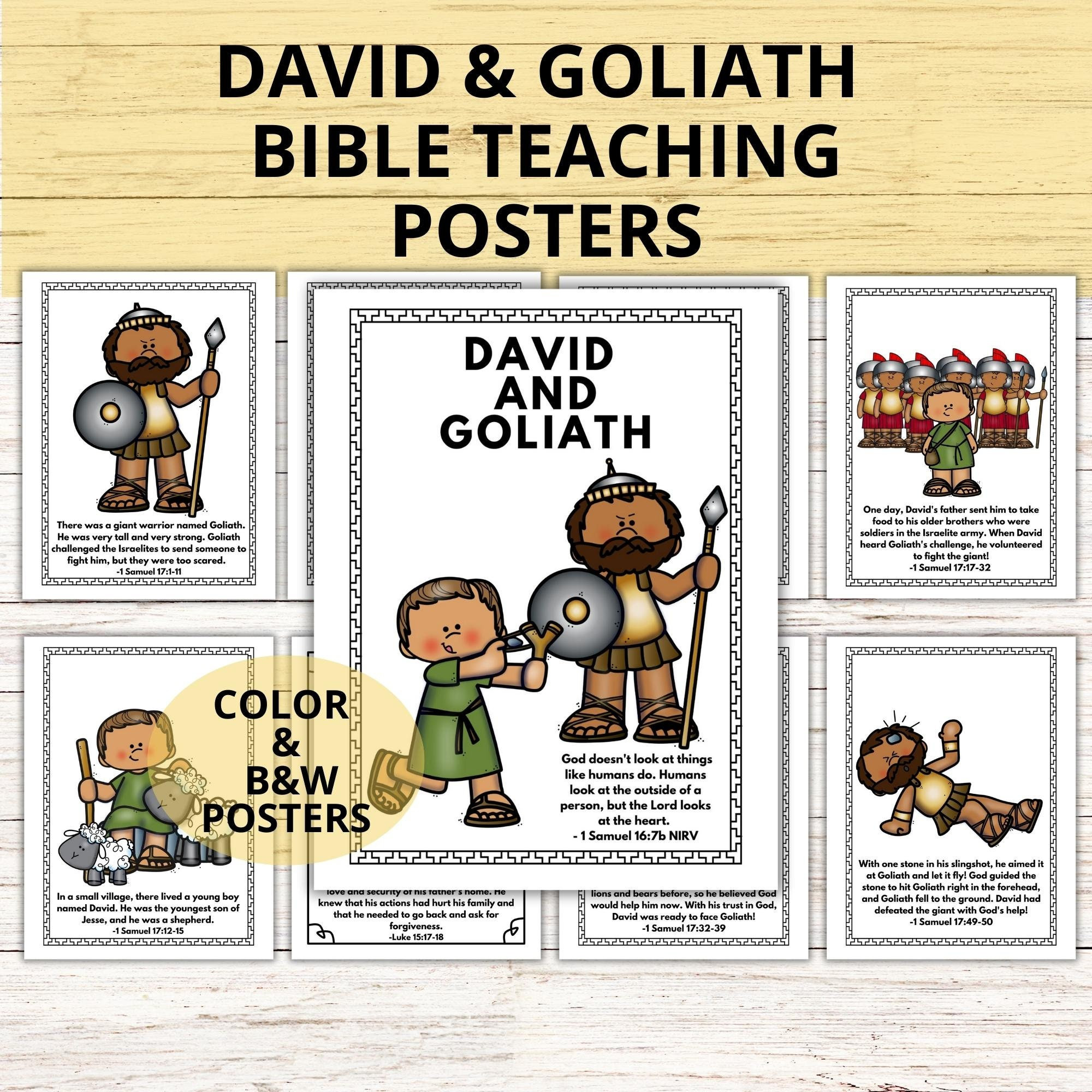 David and Goliath Bible Lesson Teaching Posters and Coloring, Sunday ...