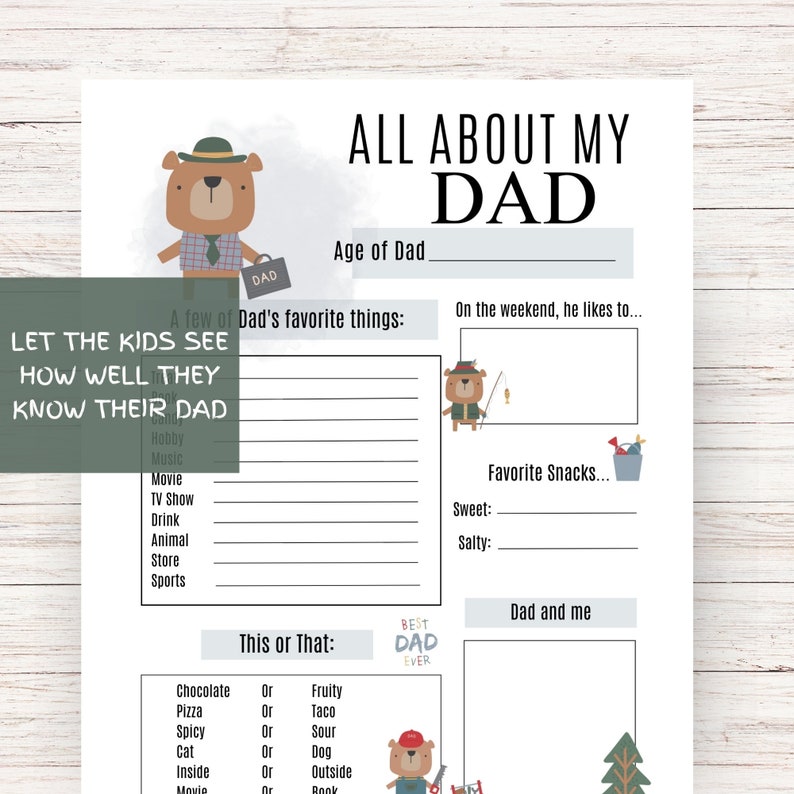 All About My Dad Fathers Day Questionnaire Gift for Dad, DIY Printable ...