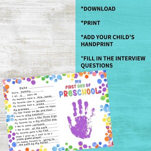 First Day of Preschool Memory Keepsake Handprint Art, Handprint Craft ...
