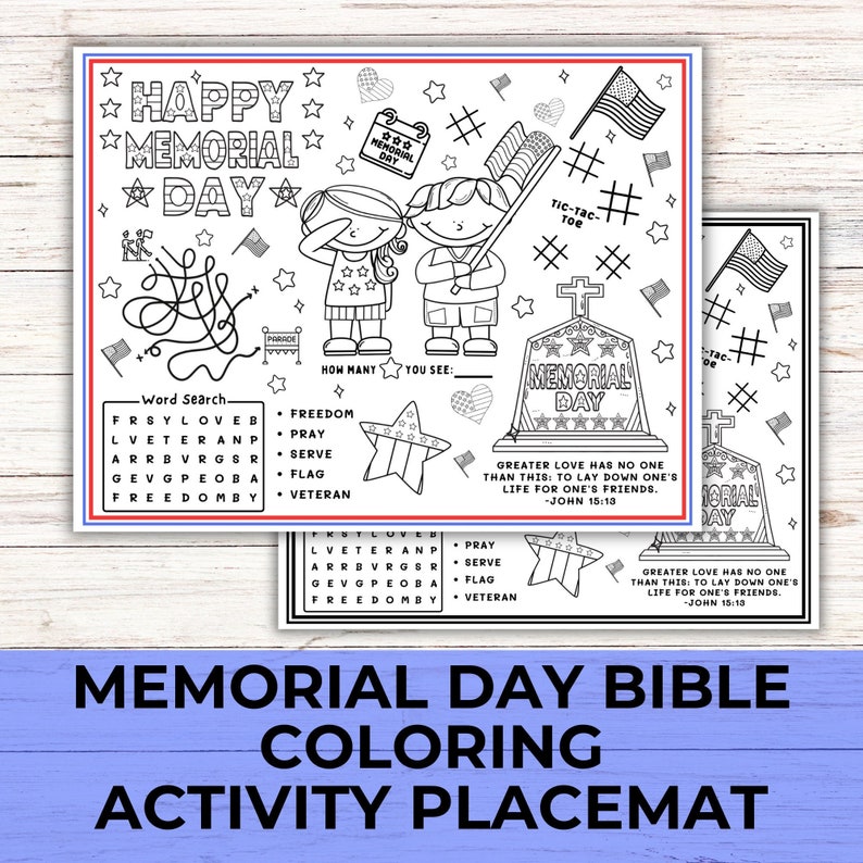 Memorial Day Bible Activity Coloring Placemat, Memorial Day Church ...